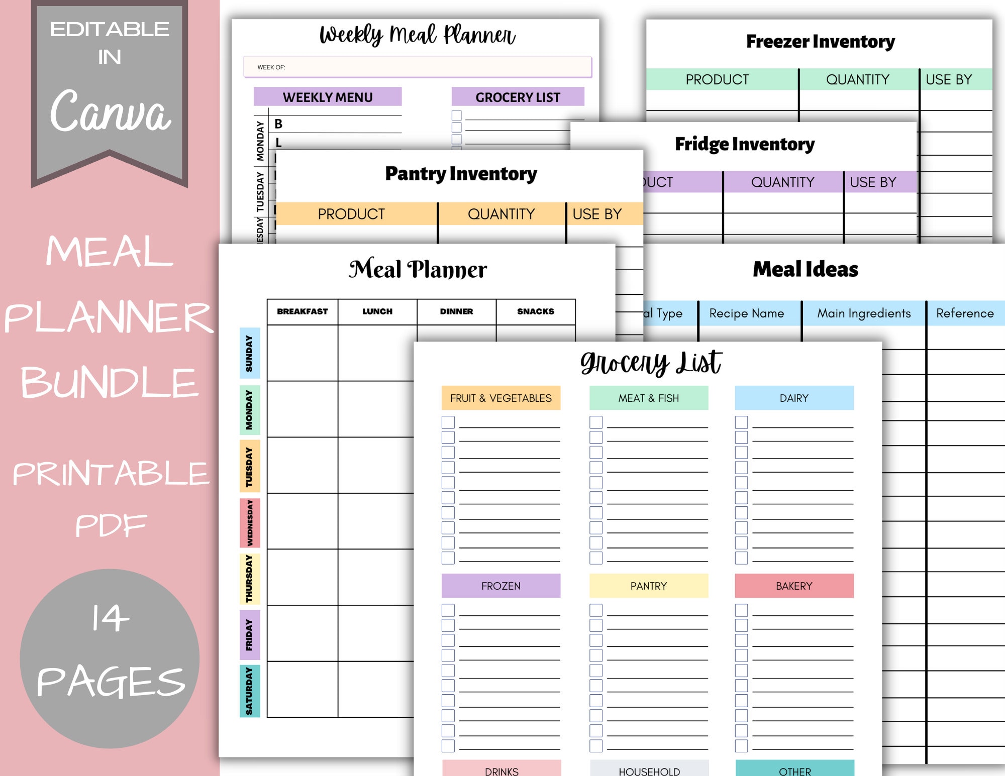 Editable Weekly Meal Planner BUNDLE | Grocery List | Printable, Digital ...