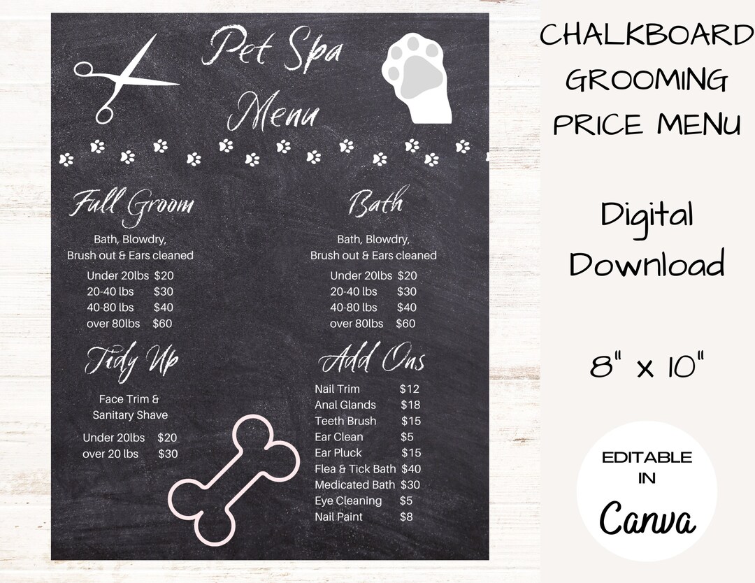 Dog Salon Price List, Pet Groomer Sign, Dog Spa Menu, Price List ...