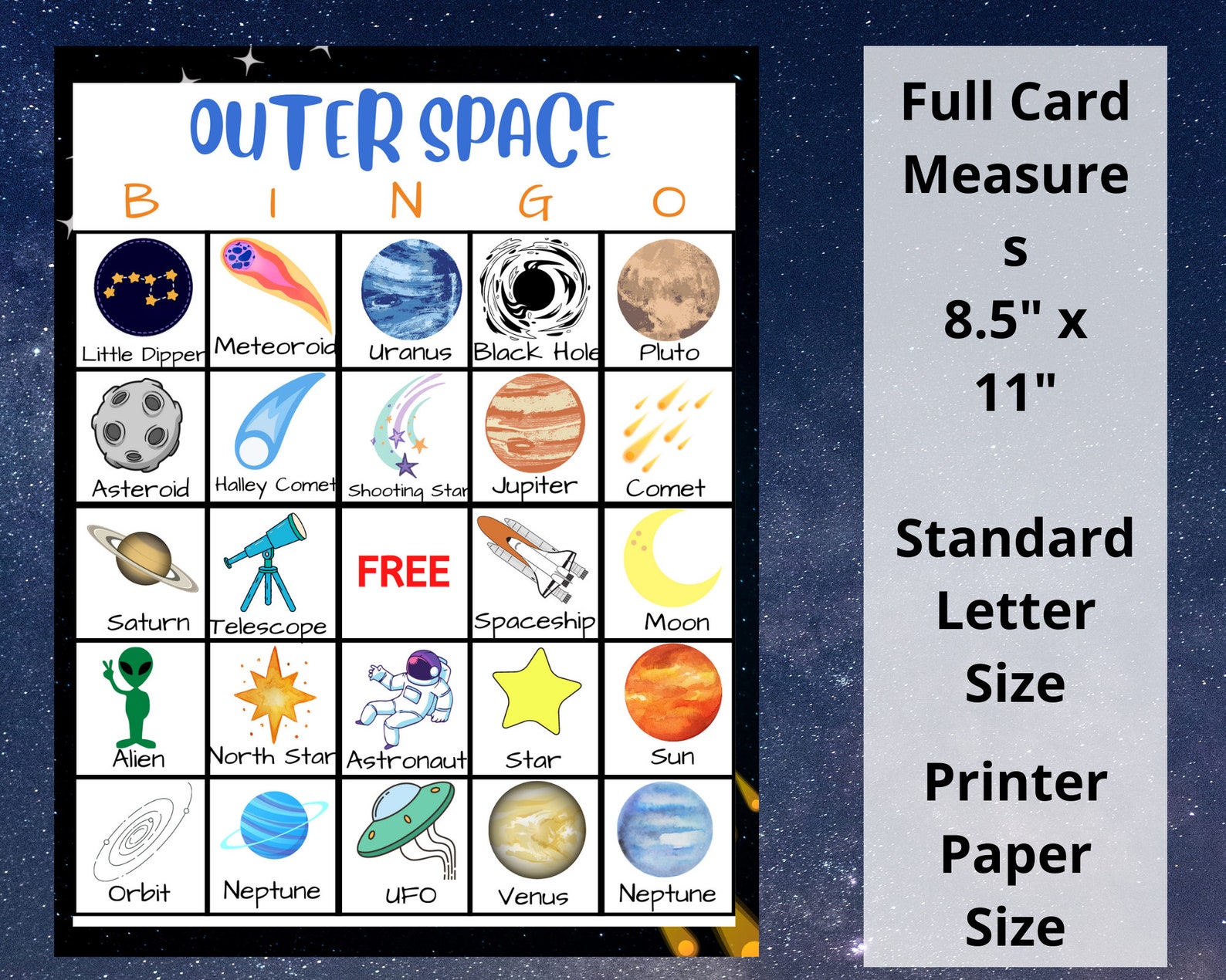 OUTER SPACE Bingo Printable, Cards and Markers; Summer Activity; Kids ...