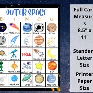OUTER SPACE Bingo Printable, Cards and Markers; Summer Activity; Kids ...