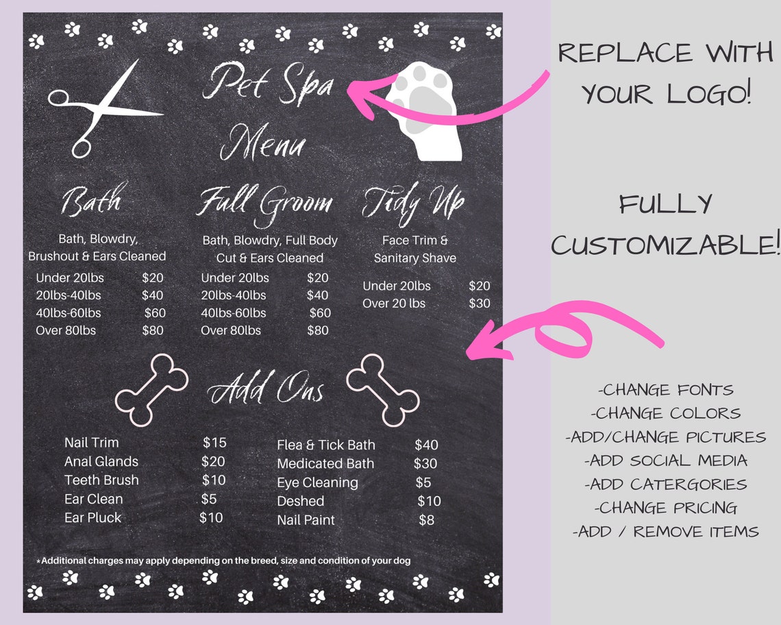 Dog Salon Price List, Pet Groomer Sign, Dog Spa Menu, Price List ...