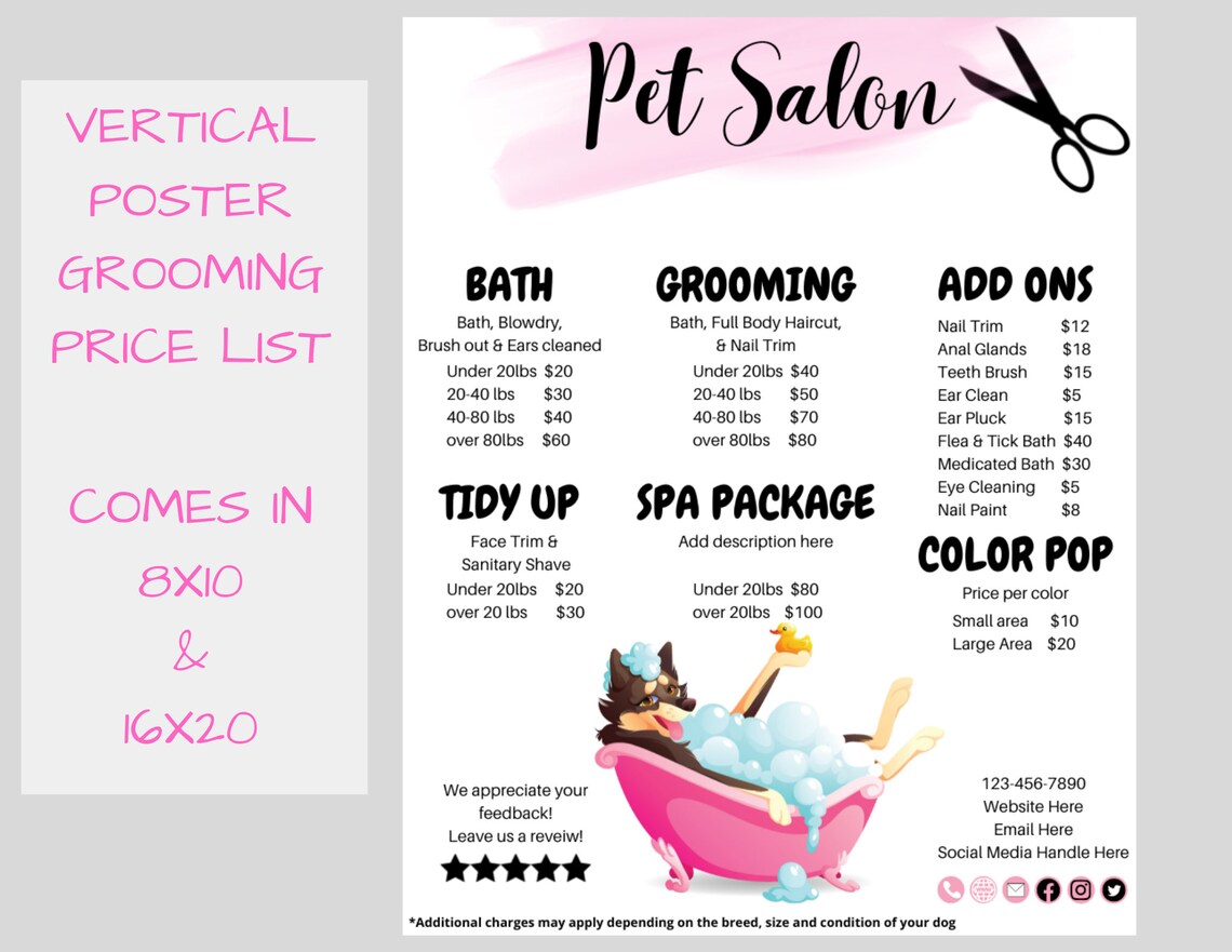Dog Salon Price List Bundle, Pet Groomer Sign, Dog Spa Menu, Price List ...