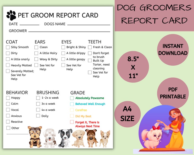 Grooming Report Card, Dog Grooming Report Form, Pet Spa Report Card ...