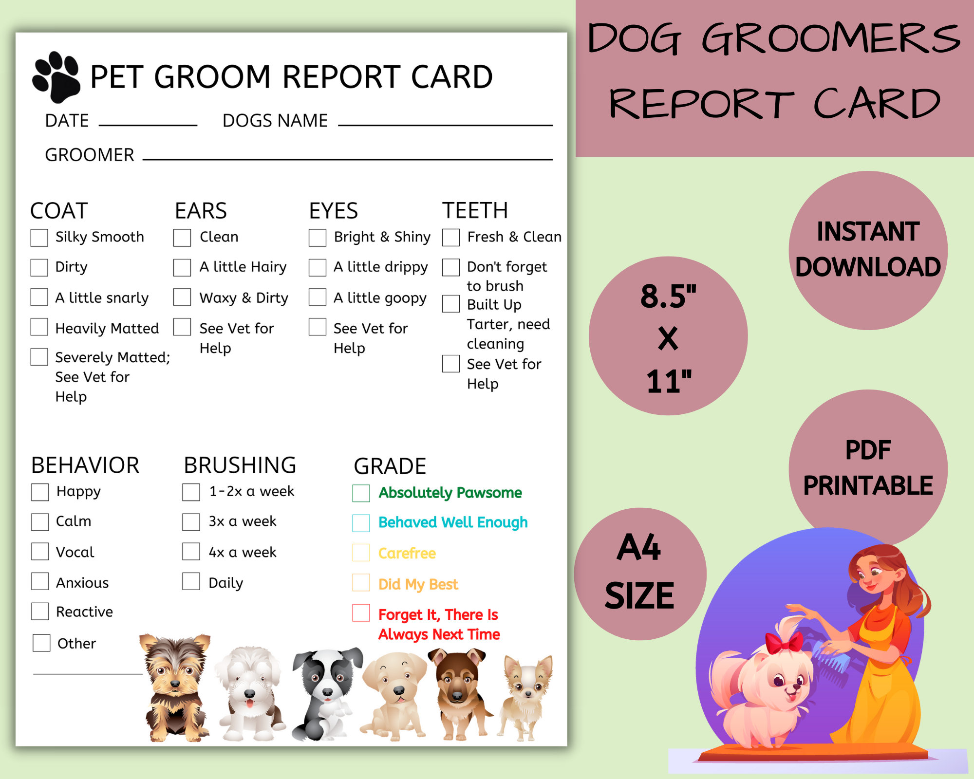Grooming Report Card, Dog Grooming Report Form, Pet Spa Report Card ...