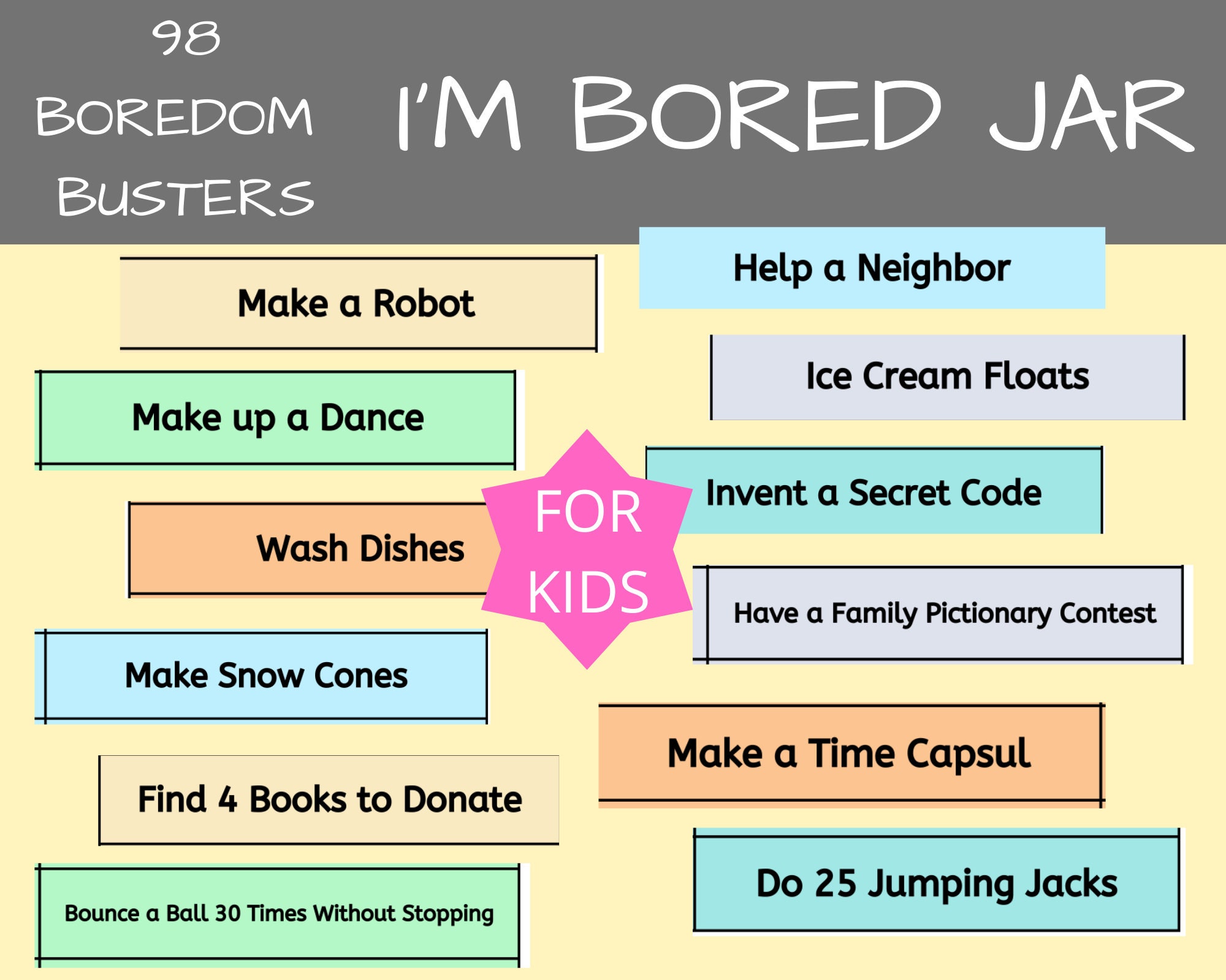 98 Boredom Jar Cards | I'm Bored Jar for Kids | Boredom Buster Jar ...