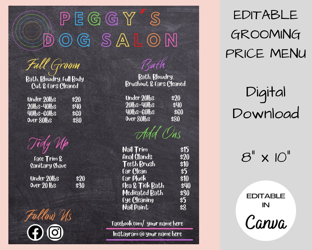 Colorful Dog Salon Price List, Pet Groomer Sign, Dog Spa Menu, Editable ...