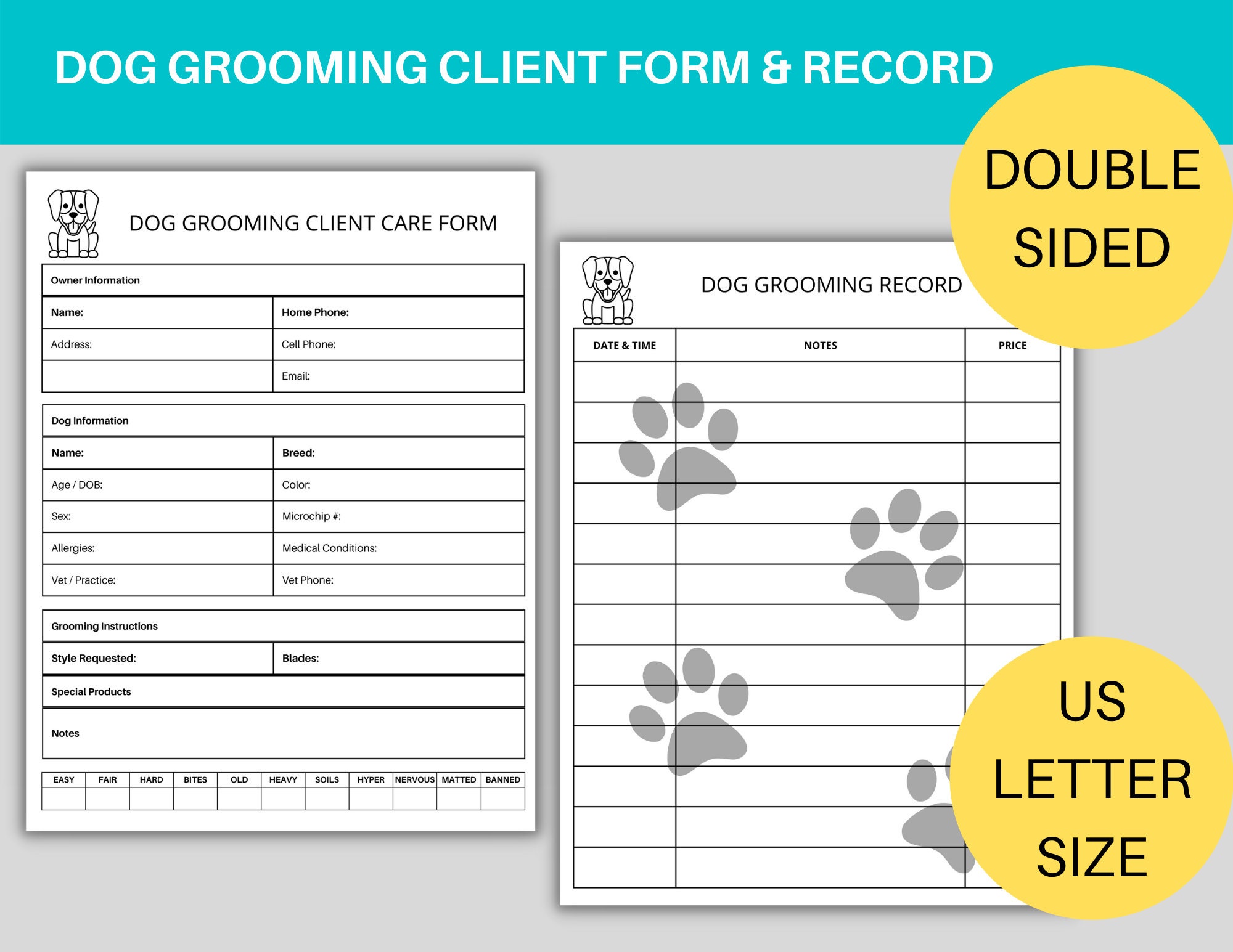 Dog Grooming Form, Pet Grooming Record, Dog Grooming Client Sheet ...