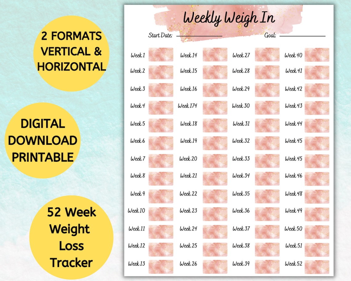 Digital Download Printable Weekly Weigh in Tracker, Weight Loss Chart ...