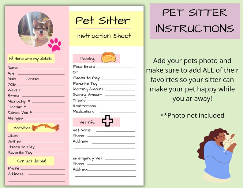 Pet Sitter Instructions, Dog Walker, Cat Sitter, Pet Sitter Notes, Pet ...