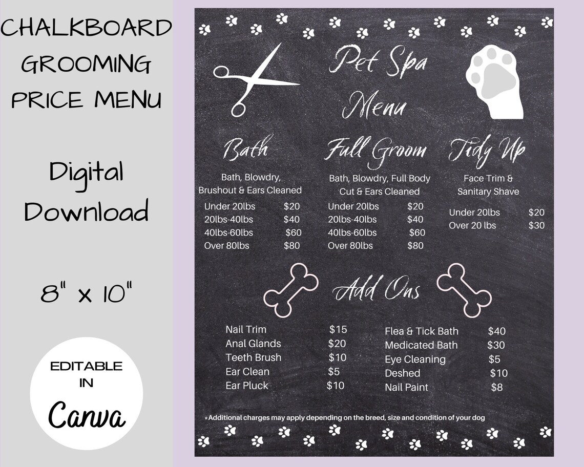 Dog Salon Price List, Pet Groomer Sign, Dog Spa Menu, Price List ...
