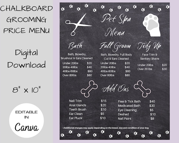 Dog Salon Price List Pet Groomer Sign Dog Spa Menu Price - Etsy