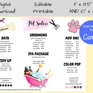 Horizontal Dog Salon Price List Bundle, Pet Groomer Sign, Dog Spa Menu ...