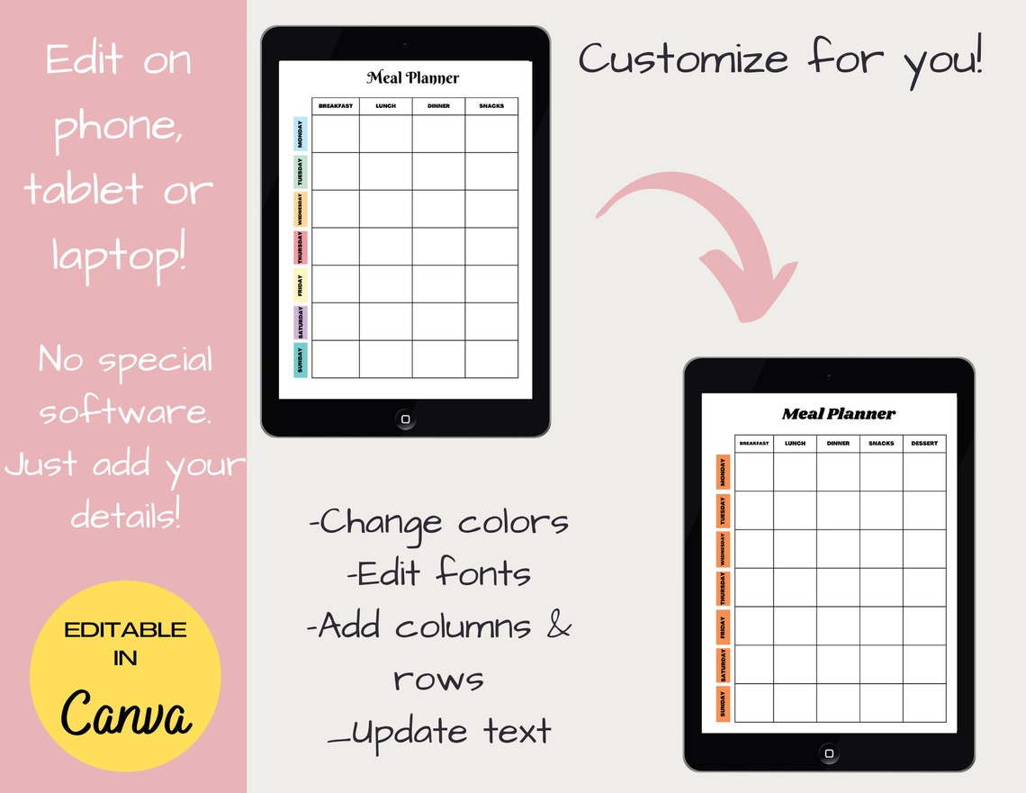Editable Weekly Meal Planner BUNDLE | Grocery List | Printable, Digital ...