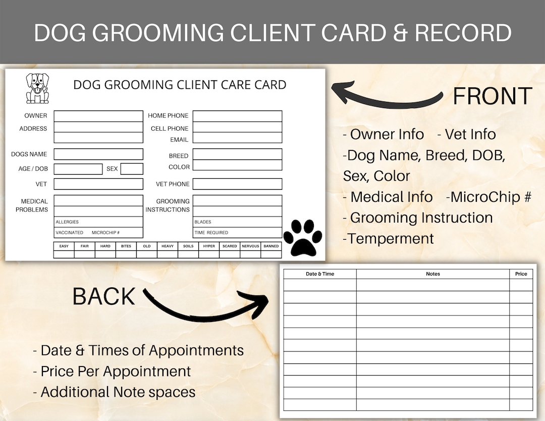 Dog Grooming Card, Grooming Form, Pet Grooming Record, Dog Grooming Client Sheet, Grooming ...