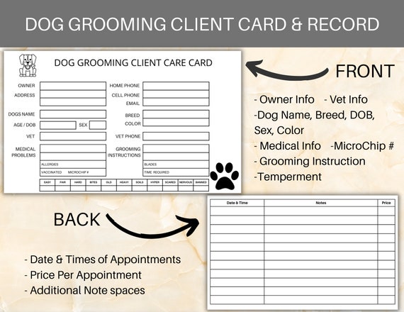 Dog Grooming Card Grooming Form Pet Grooming Record Dog - Etsy