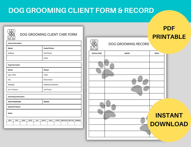 Dog Grooming Form, Pet Grooming Record, Dog Grooming Client Sheet ...