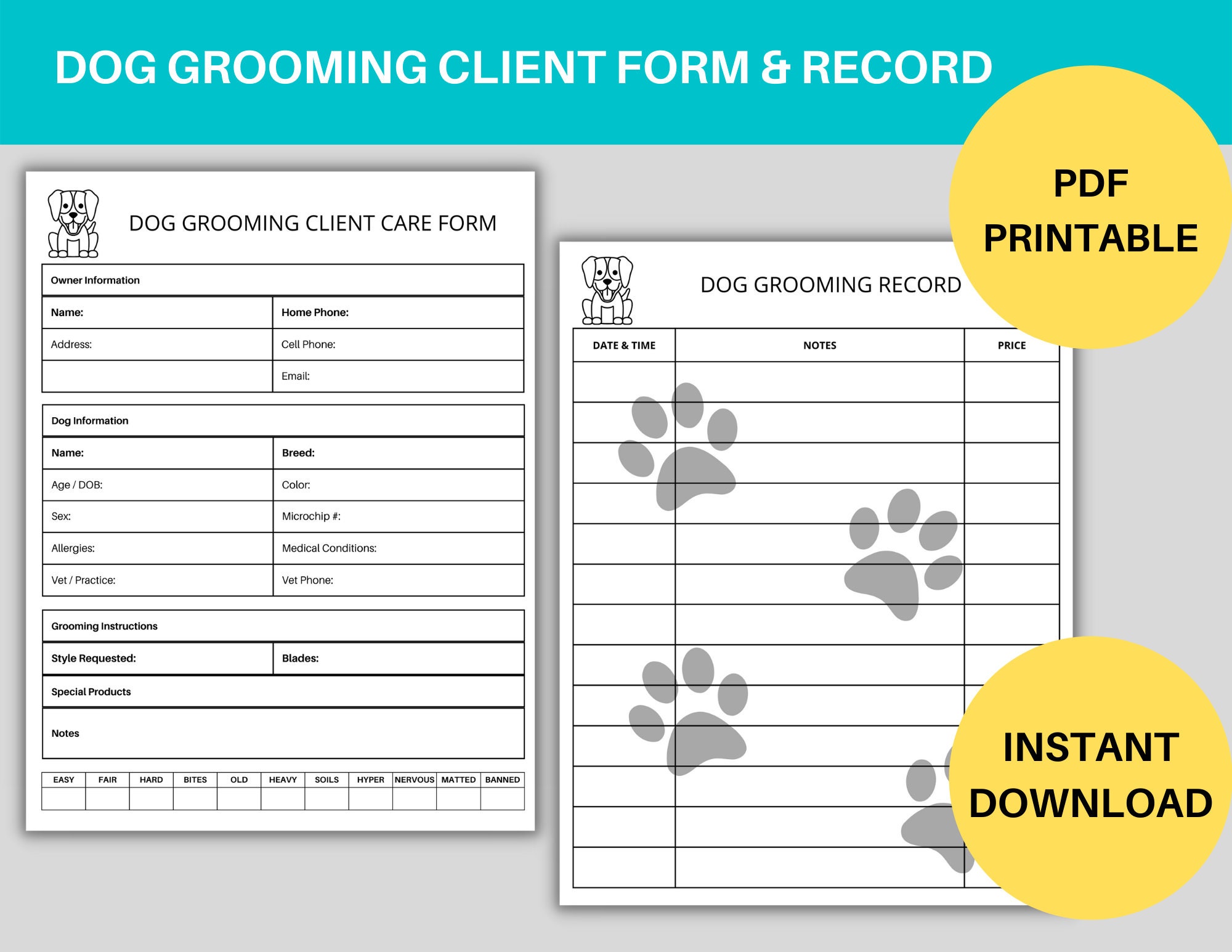 Dog Grooming Form, Pet Grooming Record, Dog Grooming Client Sheet ...