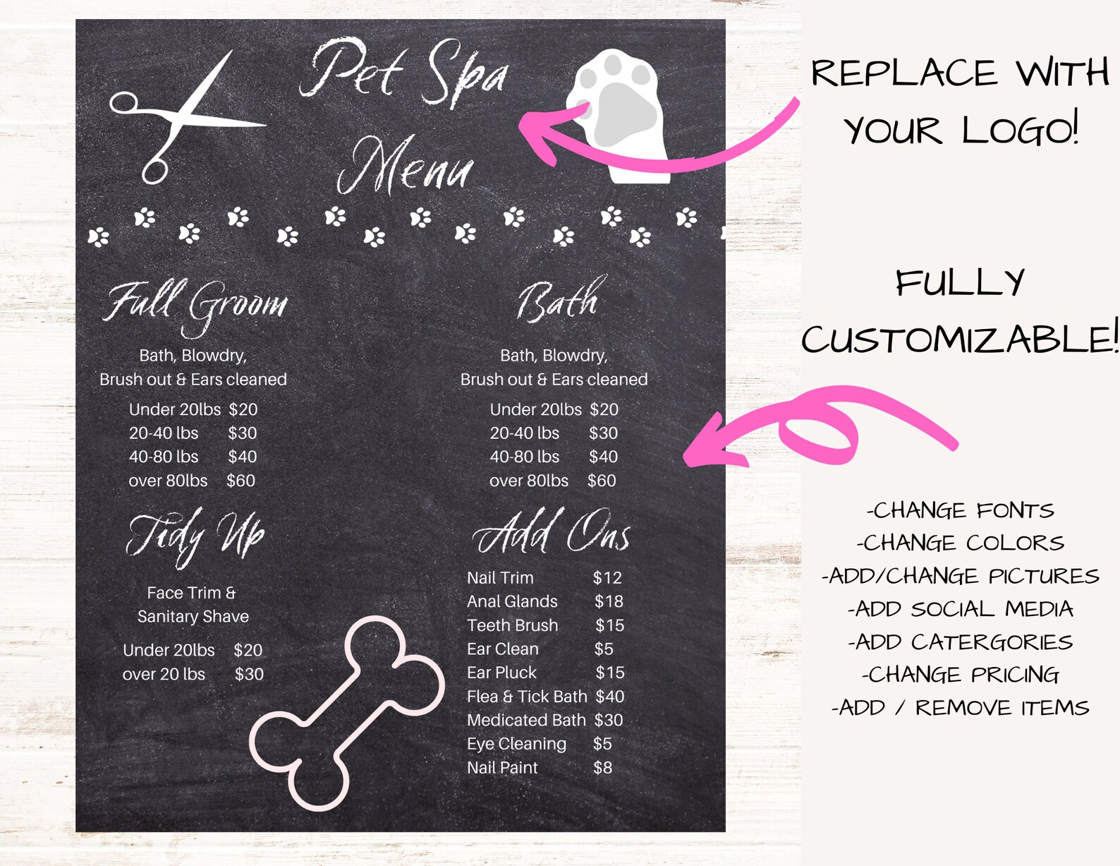 Dog Salon Price List, Pet Groomer Sign, Dog Spa Menu, Price List ...