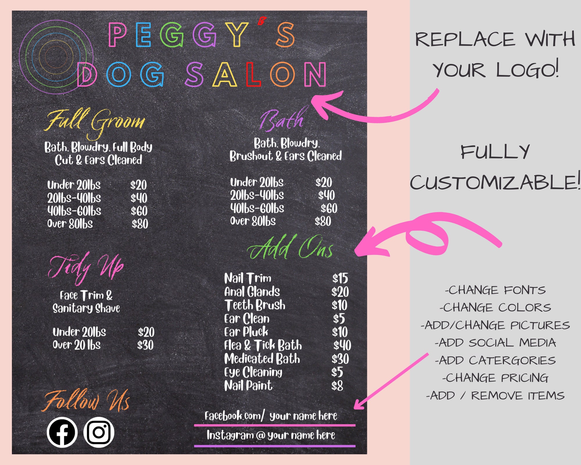Colorful Dog Salon Price List, Pet Groomer Sign, Dog Spa Menu, Editable ...