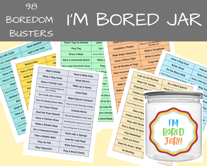 98 Boredom Jar Cards | I'm Bored Jar for Kids | Boredom Buster Jar ...