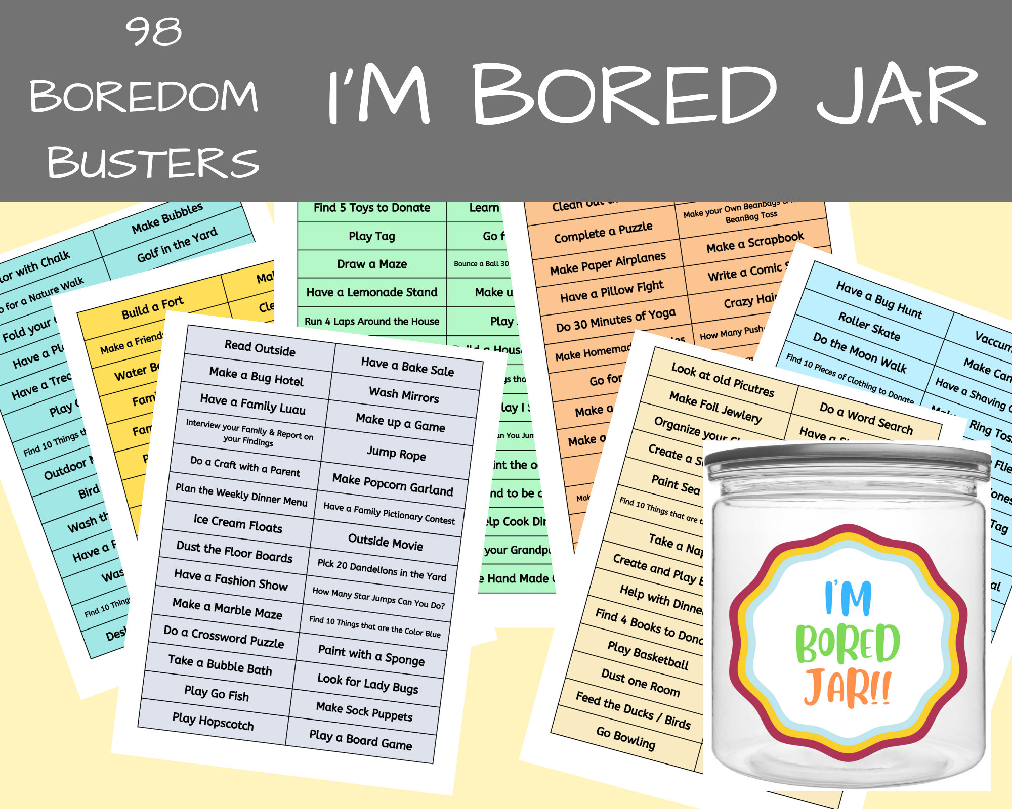 98 Boredom Jar Cards | I'm Bored Jar for Kids | Boredom Buster Jar ...