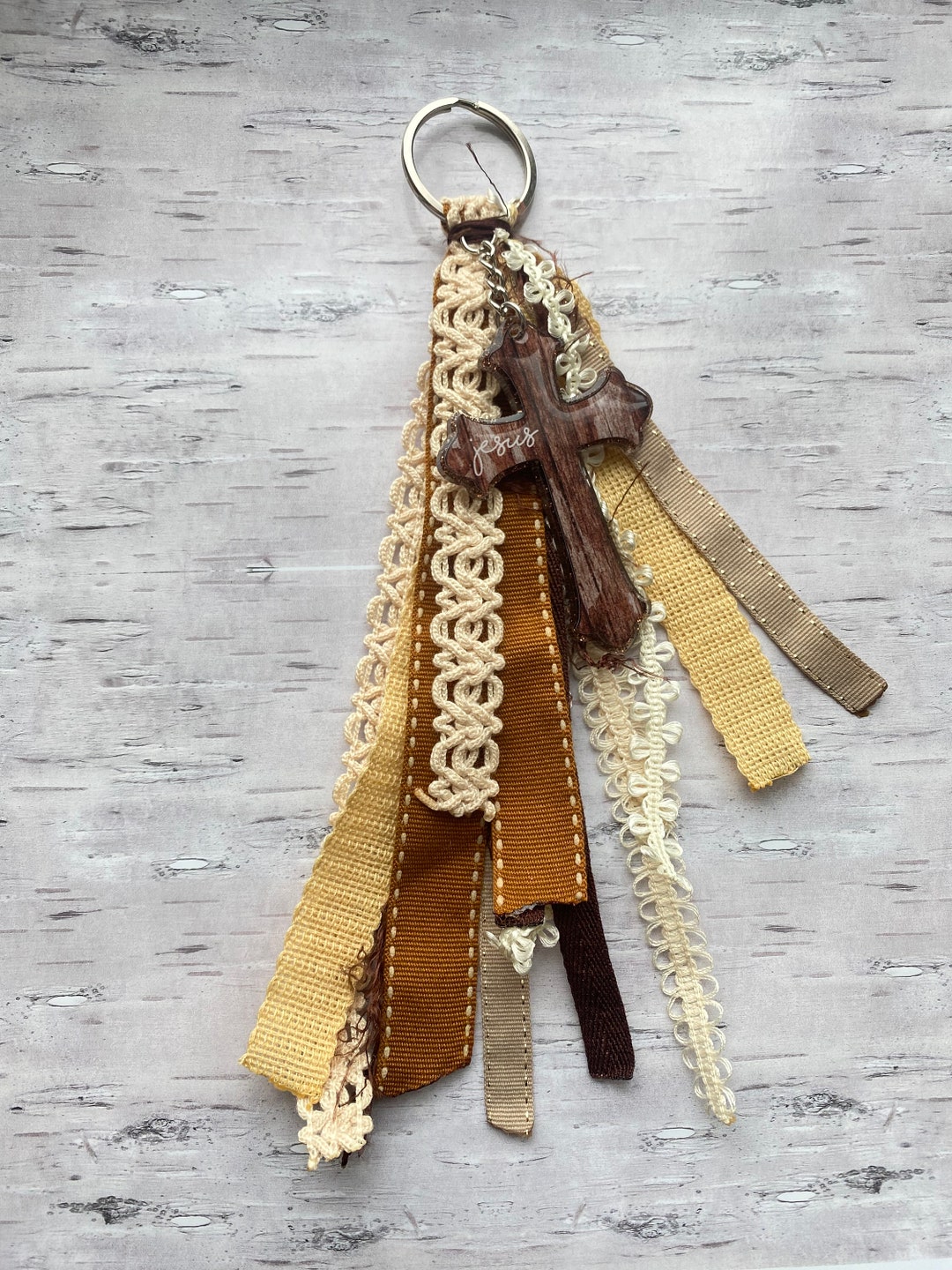 Wood Grain Cross Tassel Keychain - Etsy