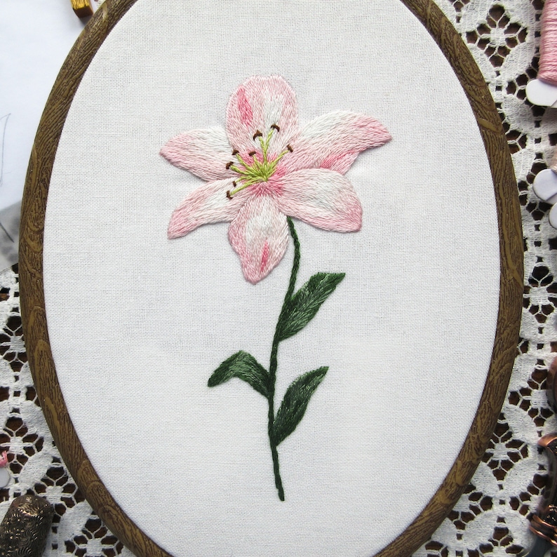 Pink Lily Hand Embroidery PDF Pattern Spring Floral | Etsy UK