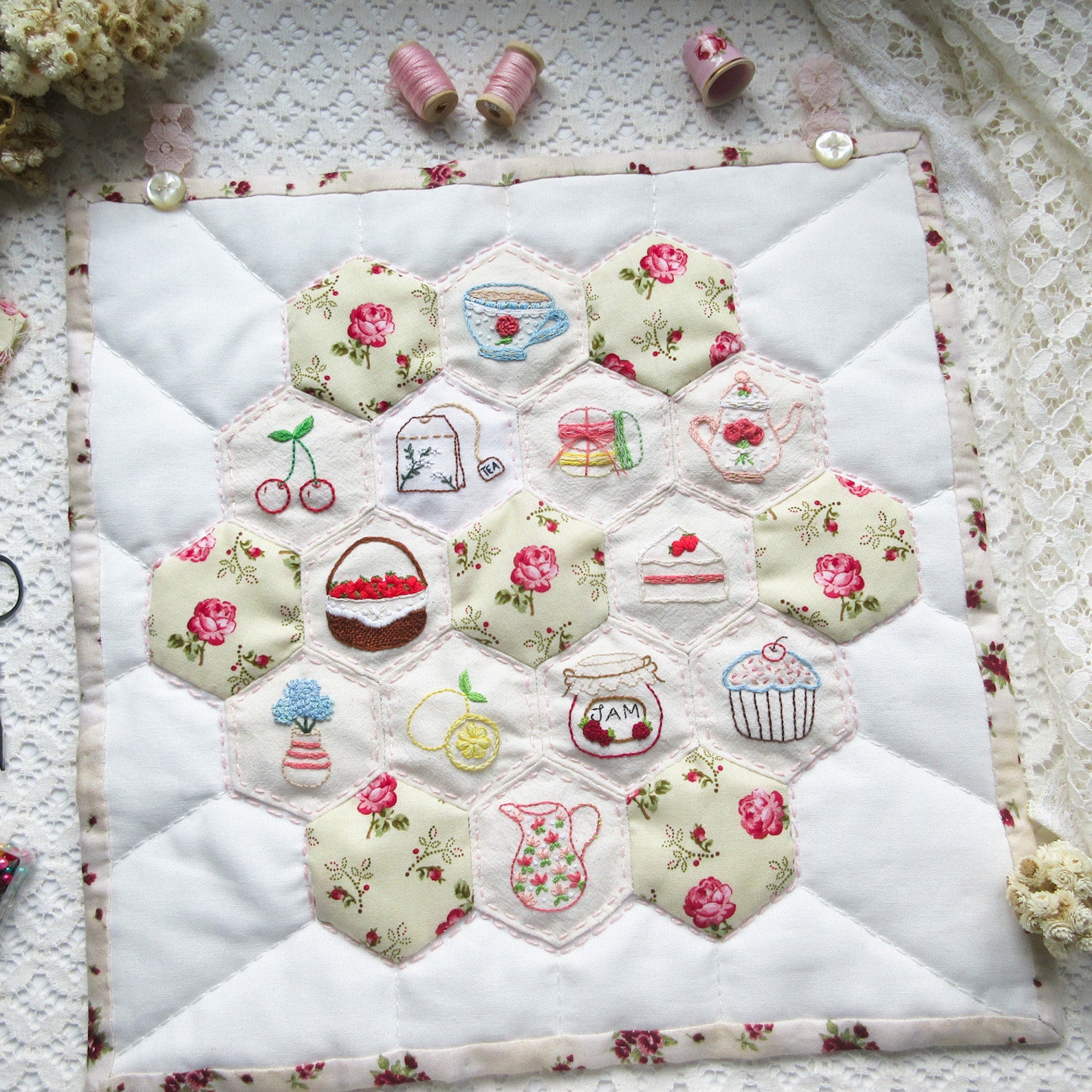 Tea Party Mini-quilt PDF Pattern: EPP & Embroidery Project (digital ...
