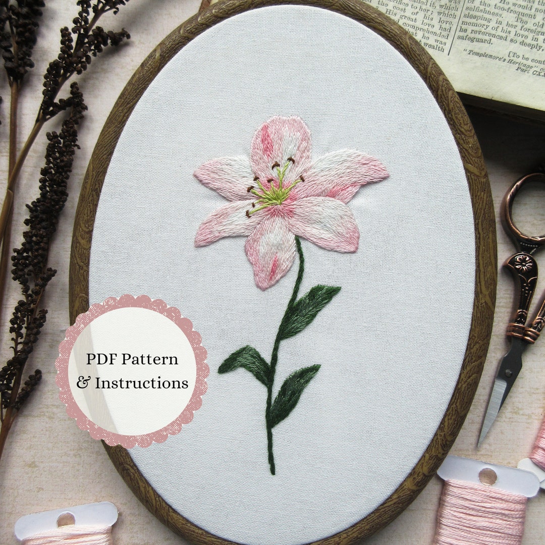 Pink Lily Hand Embroidery PDF Pattern, Spring Floral Needle-painting ...