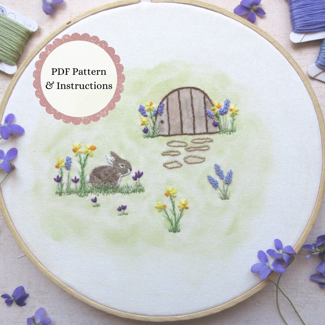 Bunny Hand Embroidery PDF Pattern, Spring Florals Design, Rabbit Needle ...