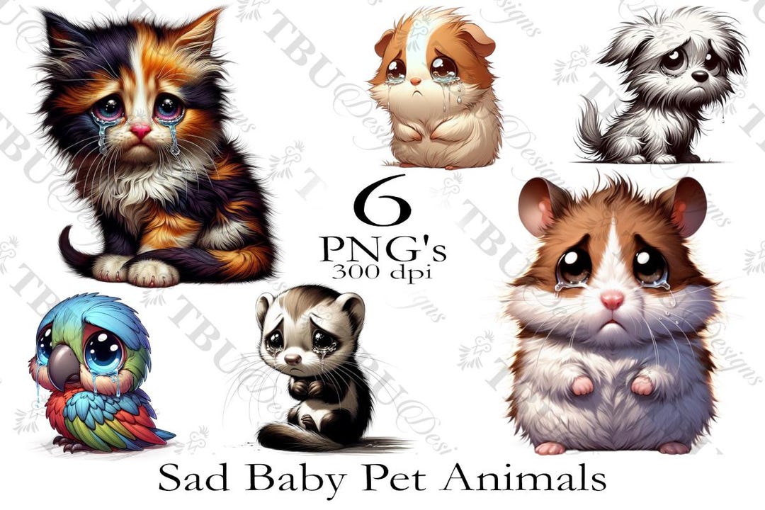 Sad Baby Pet Animals Clipart PNG Bundle | Baby Animals PNG | Adorable ...