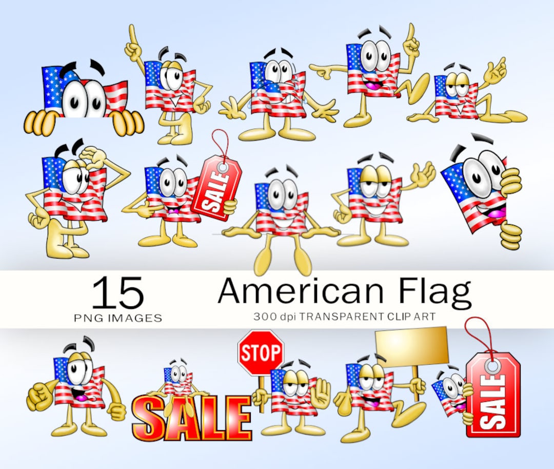 Vibrant American Flag Cartoon Character Clipart for Small Business ...