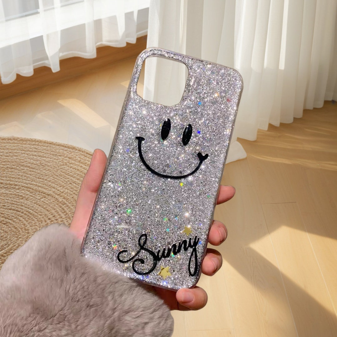 Silver Sparkling Pink Star Smiling Face Phone Case, iPhone 15 14 13 12 ...