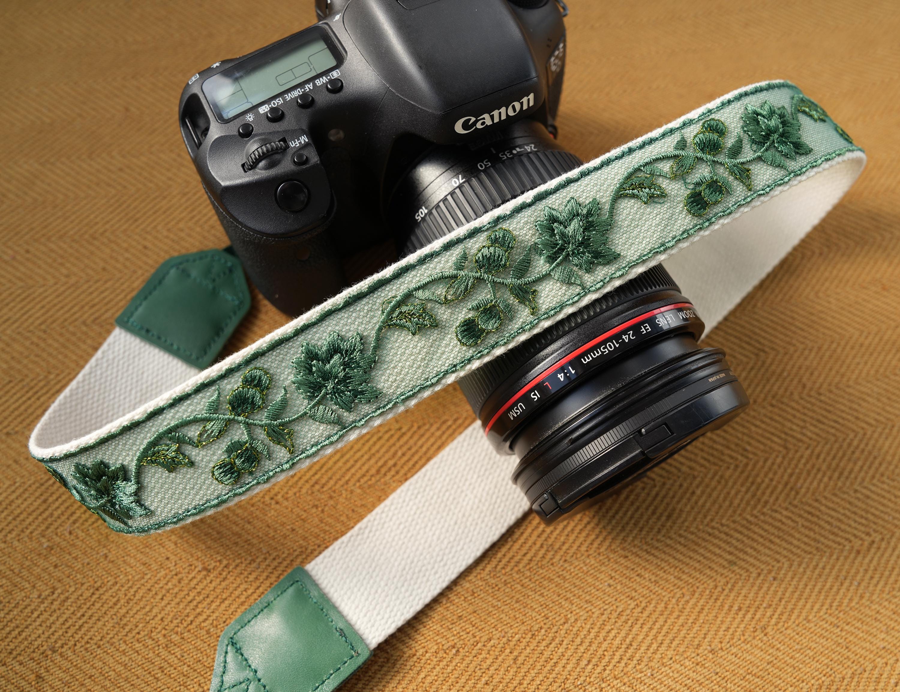 Green Embroidered Fabric Camera Strap Handmade Cotton Linen Strap With ...