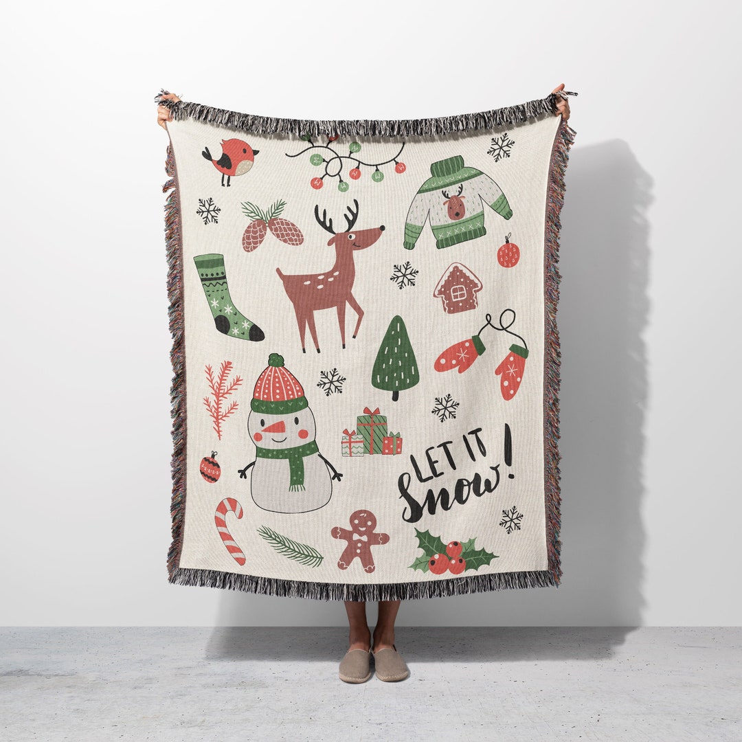 Christmas Blanket, Cute Woven Cotton Throw for Winter Decor, Gift for ...