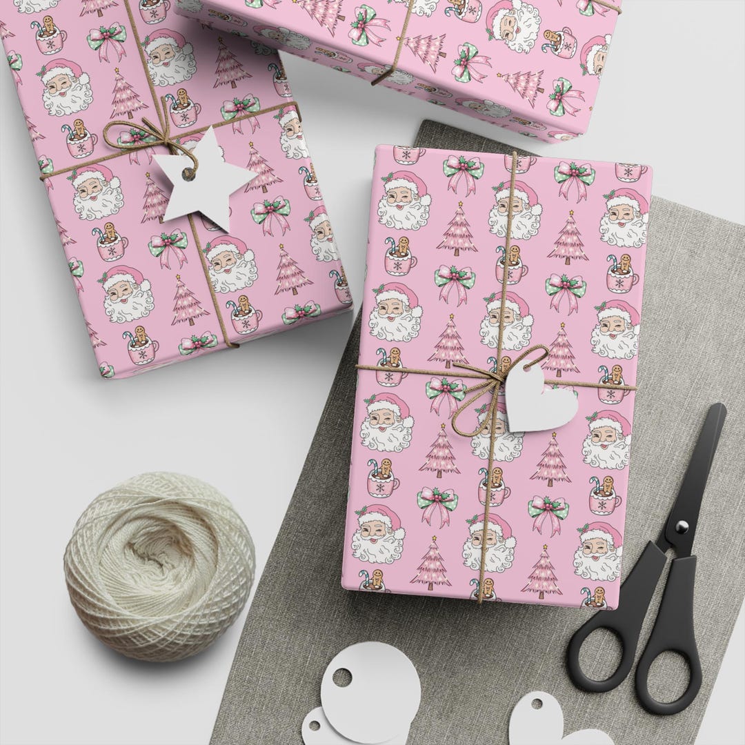 Pink Coquette Christmas Wrapping Paper | Cute Santa Bow Cookie Pattern ...