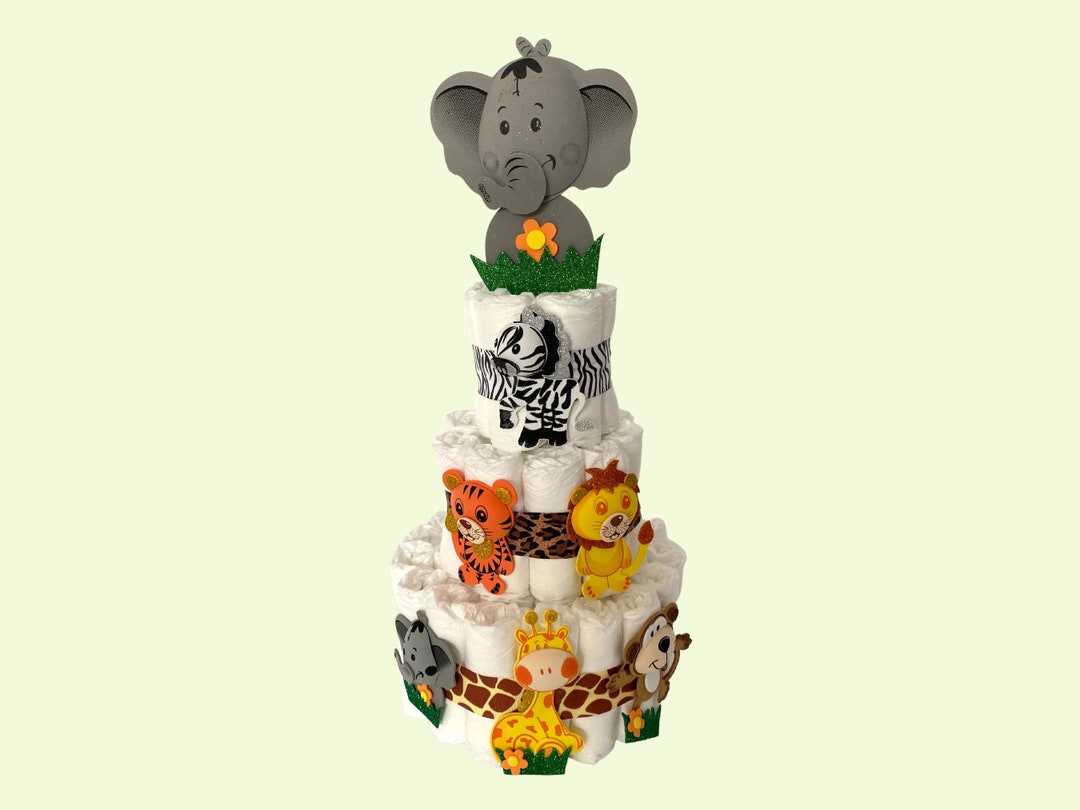 Safari Diaper Cake - Elephant Topper 60ct Diapers - Neutral Baby Shower ...