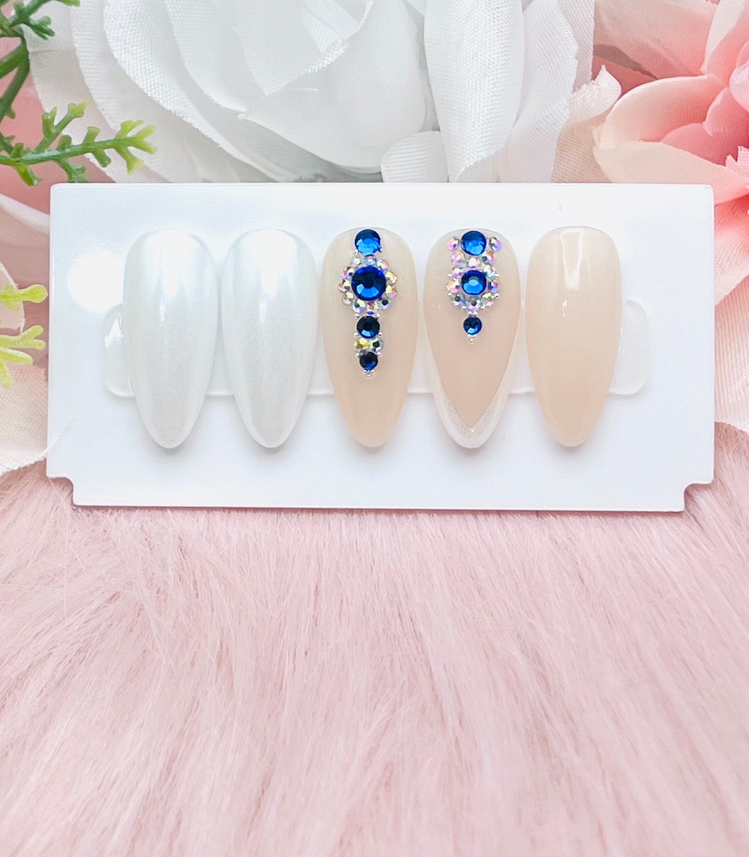 Pearl Blue Gelx Nails, Press on Nails, Bling Nails, Korean Nails, False ...