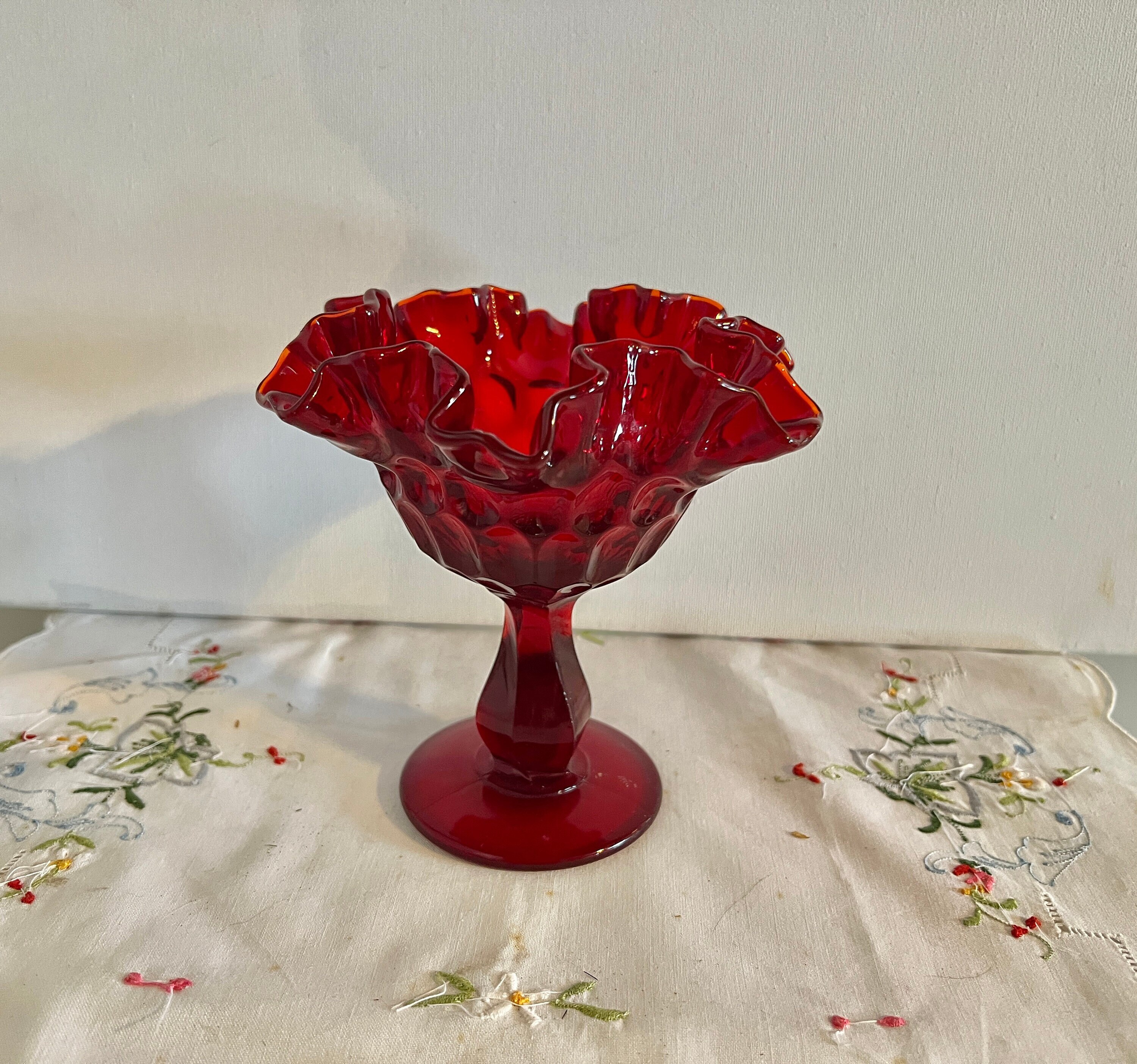 Vintage FENTON Ruby Red Ruffled Edge Pedestal Candy Dish Floral Leaf ...