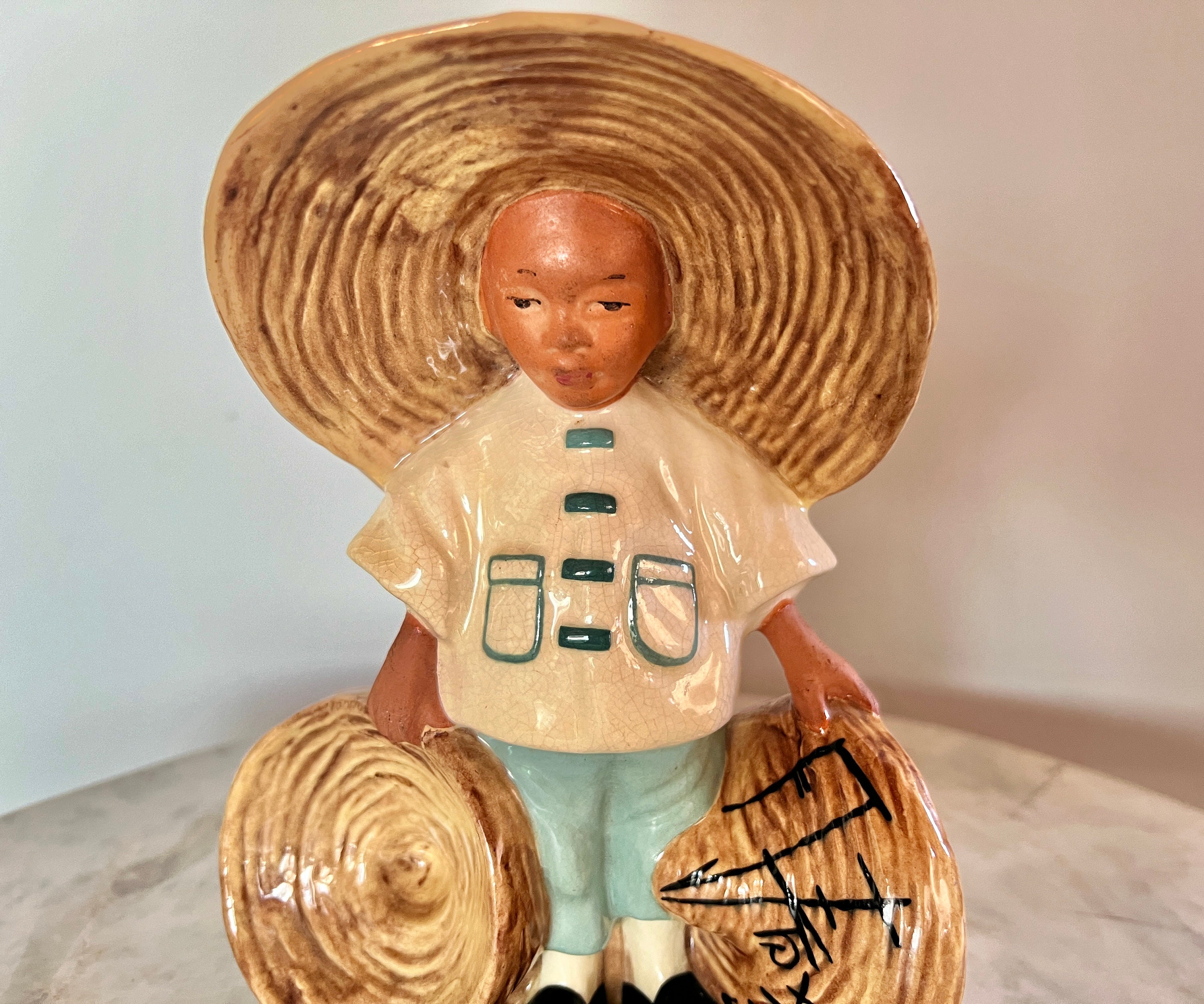 Rare Mccarty Brothers California Pottery Planter Asian Man Hat Woven ...
