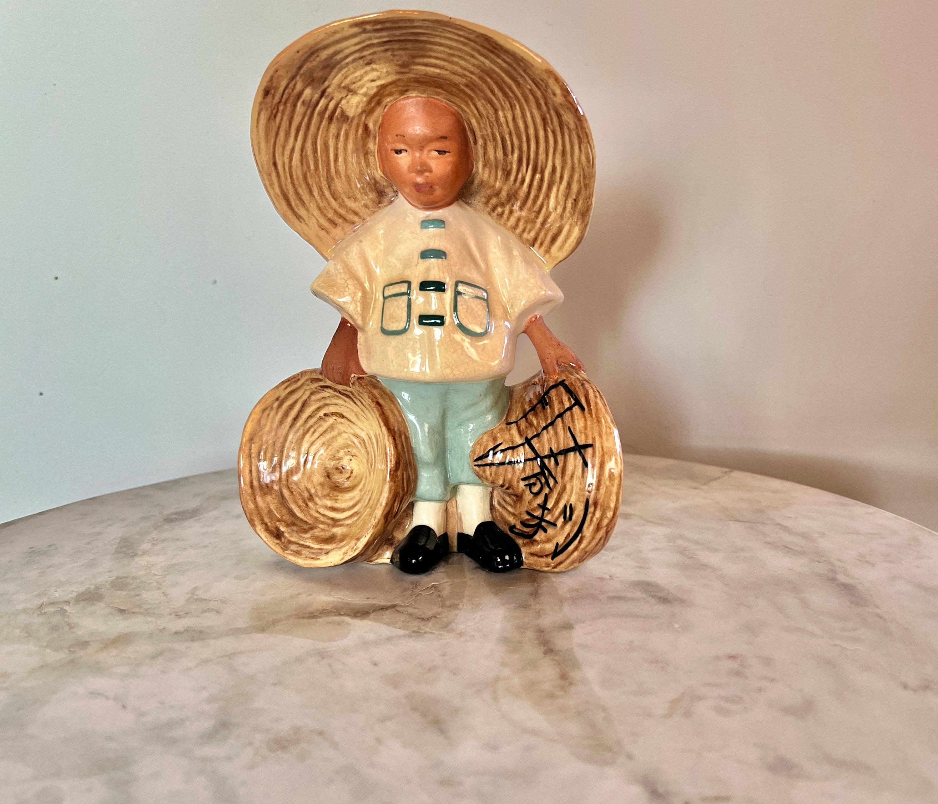 Rare Mccarty Brothers California Pottery Planter Asian Man Hat Woven ...