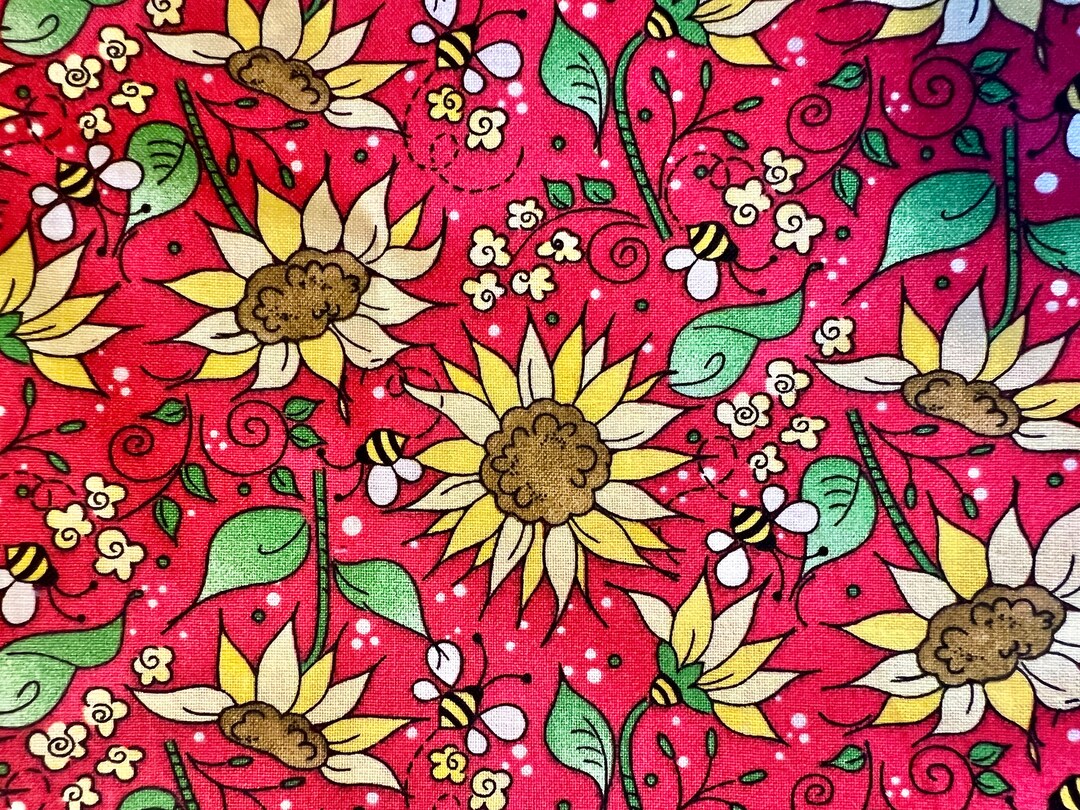 Sunflowers and Bees on Red Fabric, Novelty Prints Fabric Traditions ...