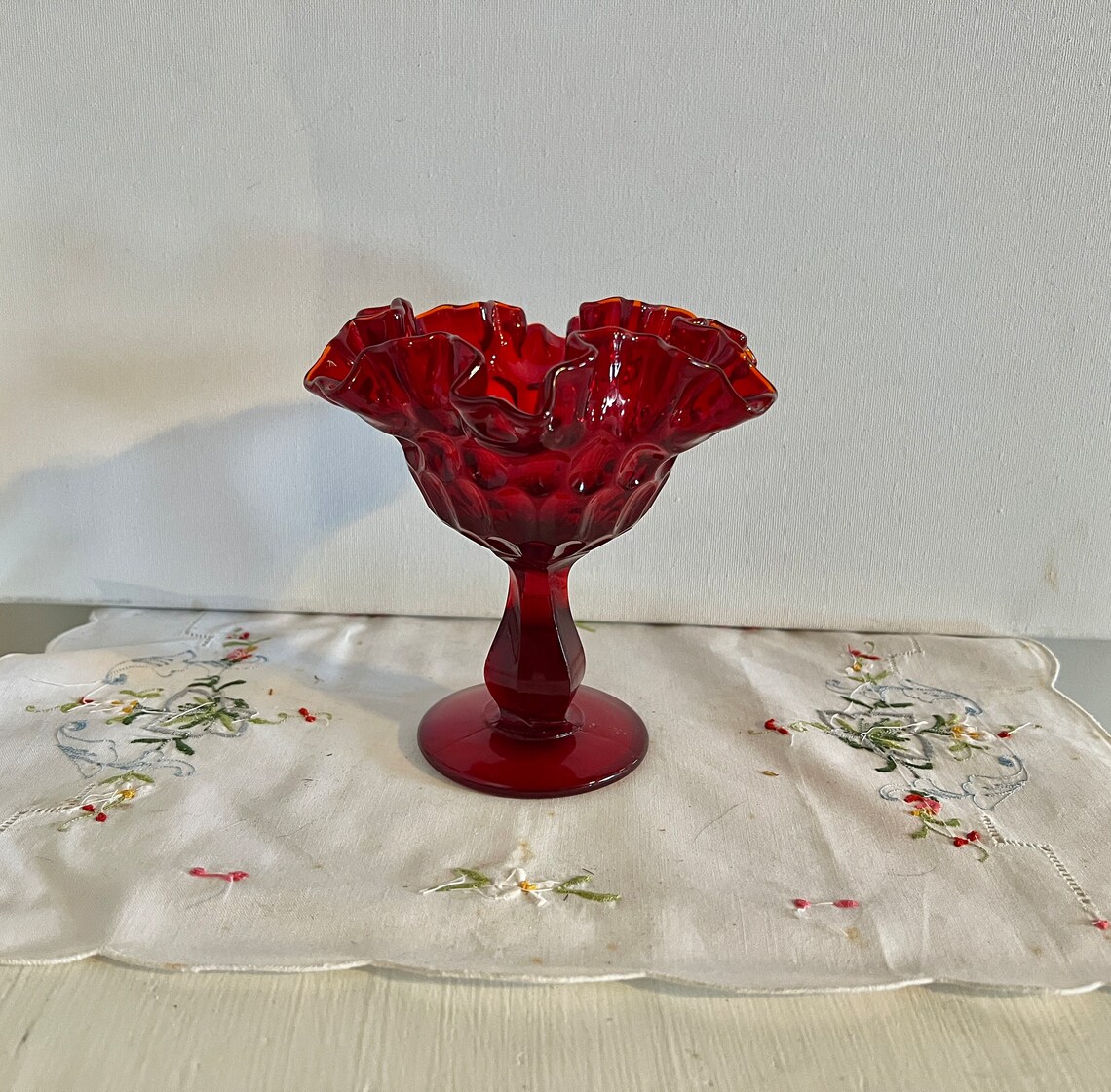 Vintage FENTON Ruby Red Ruffled Edge Pedestal Candy Dish Floral Leaf ...