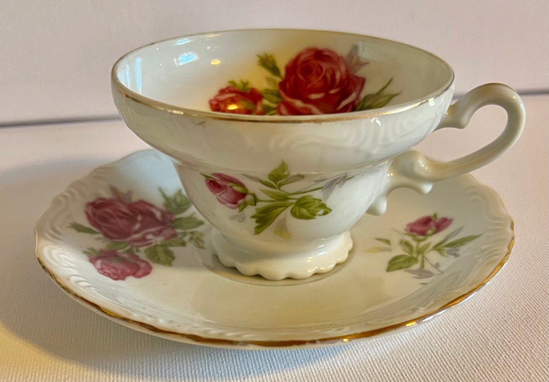 Tea Cup Set ,vintage Fine China, Red Rose , Gold Trim , Scalloped ...