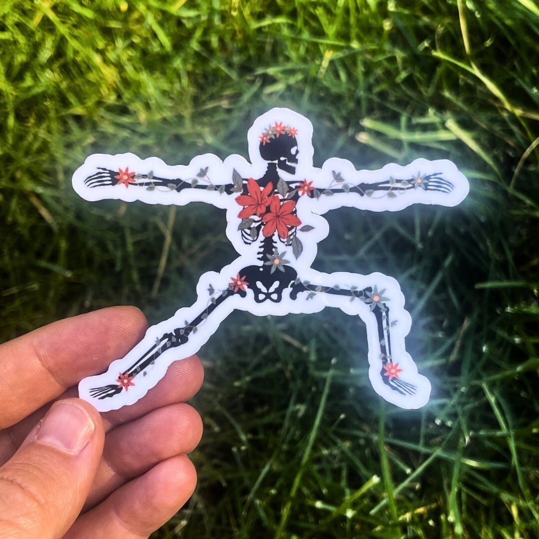 Floral Warrior Two Skeleton Yoga Pose Sticker, Waterproof Yoga Stickers ...