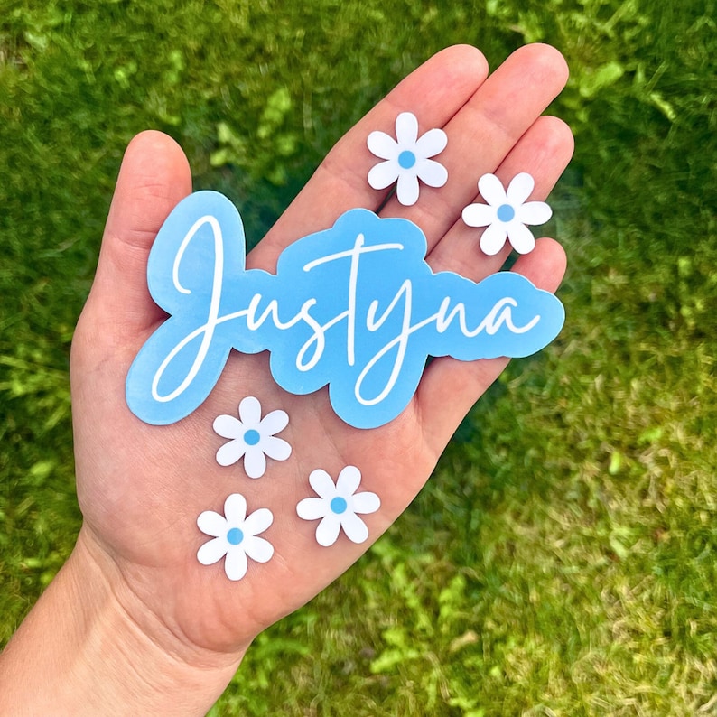 Cute Custom Name Sticker With 5 Matching Flower Stickers - Waterproof ...