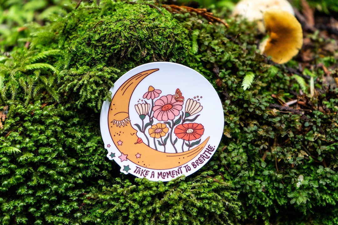 Take a Moment to Breathe Yoga Sticker - Groovy Moon Flower Sticker ...