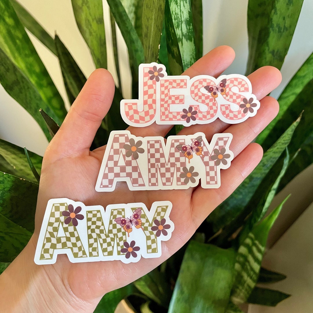 Retro Checkered Custom Name Sticker, Floral Boho 90's Water Bottle ...