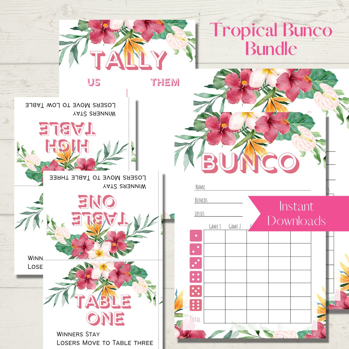 Tropical Flowers Luau Printable Bunco Score Sheet Bundle - Score Cards ...