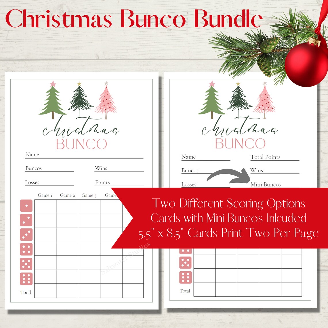 Christmas Bunco Pink Christmas Tree Printable Bunco Score Sheet Bundle ...